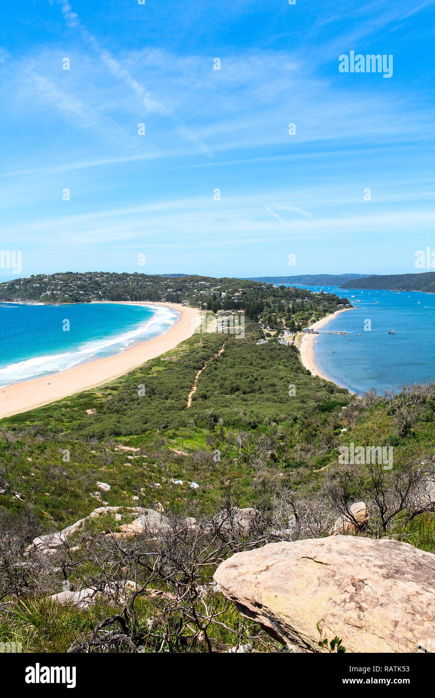 Palm Beach in Sydney as seen from Barrenjoey Head viewpoint on a clear ...