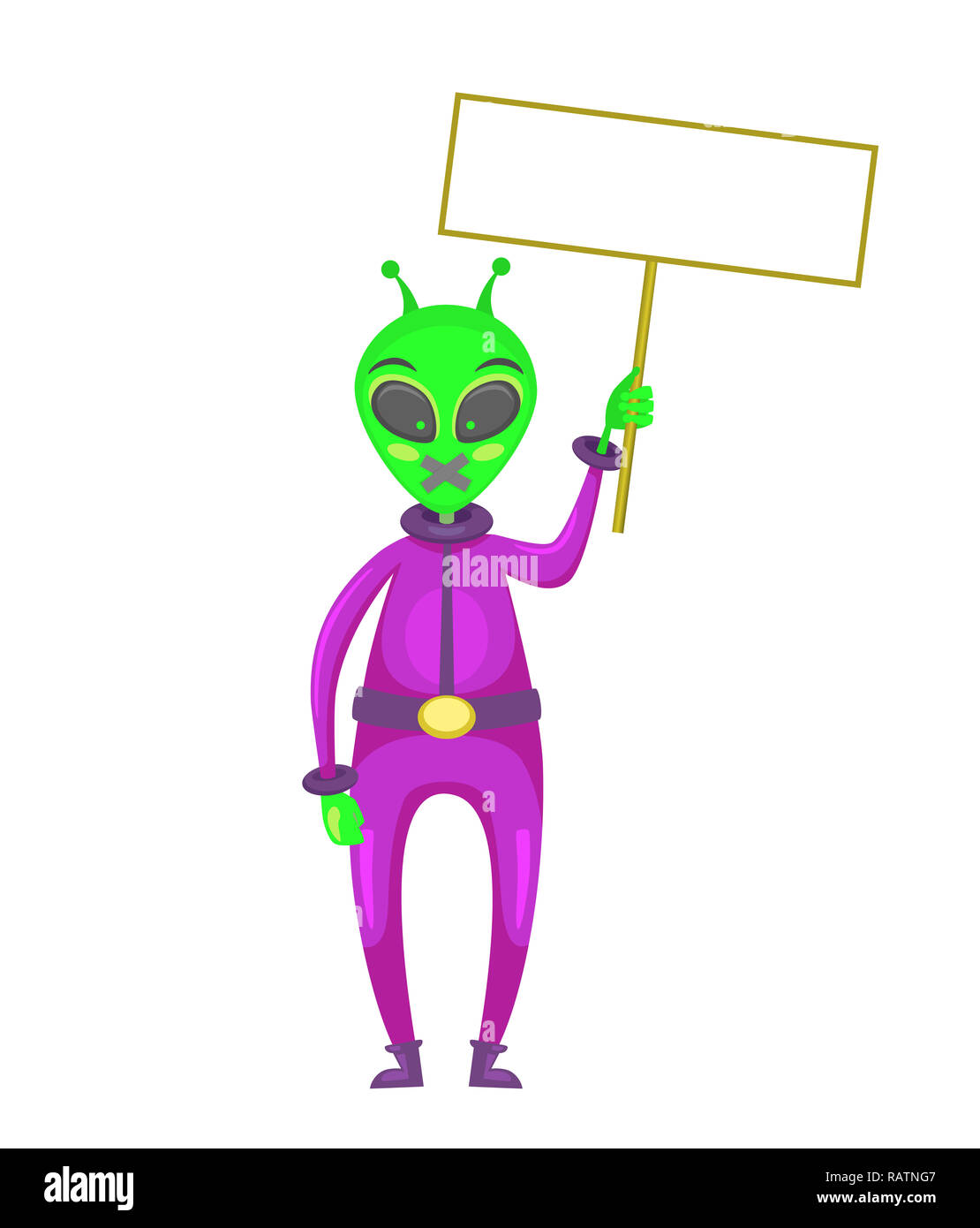 Alien holding blank signs. Aliens standing illustration Stock Photo - Alamy