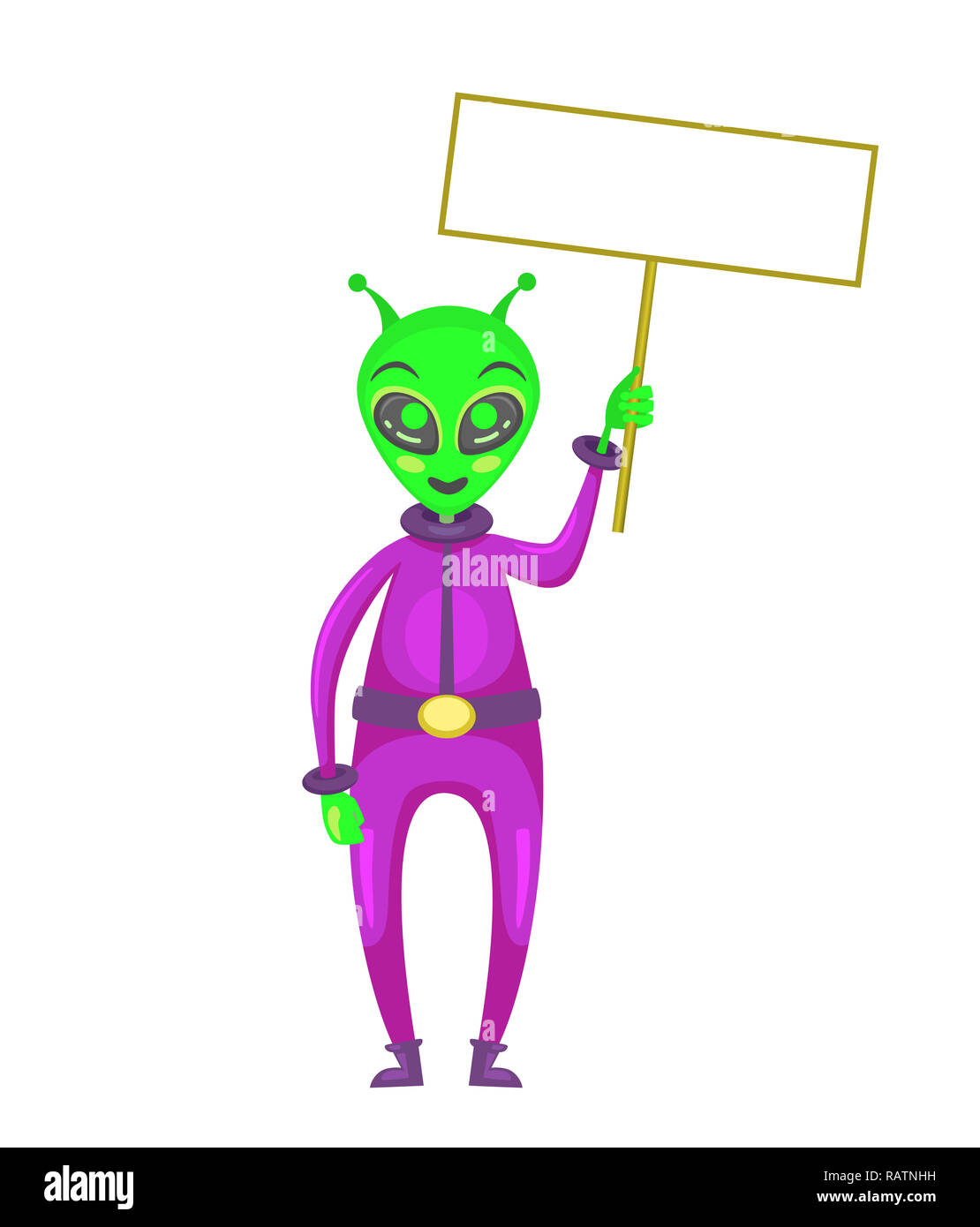 Alien holding blank signs. Aliens standing illustration Stock Photo - Alamy