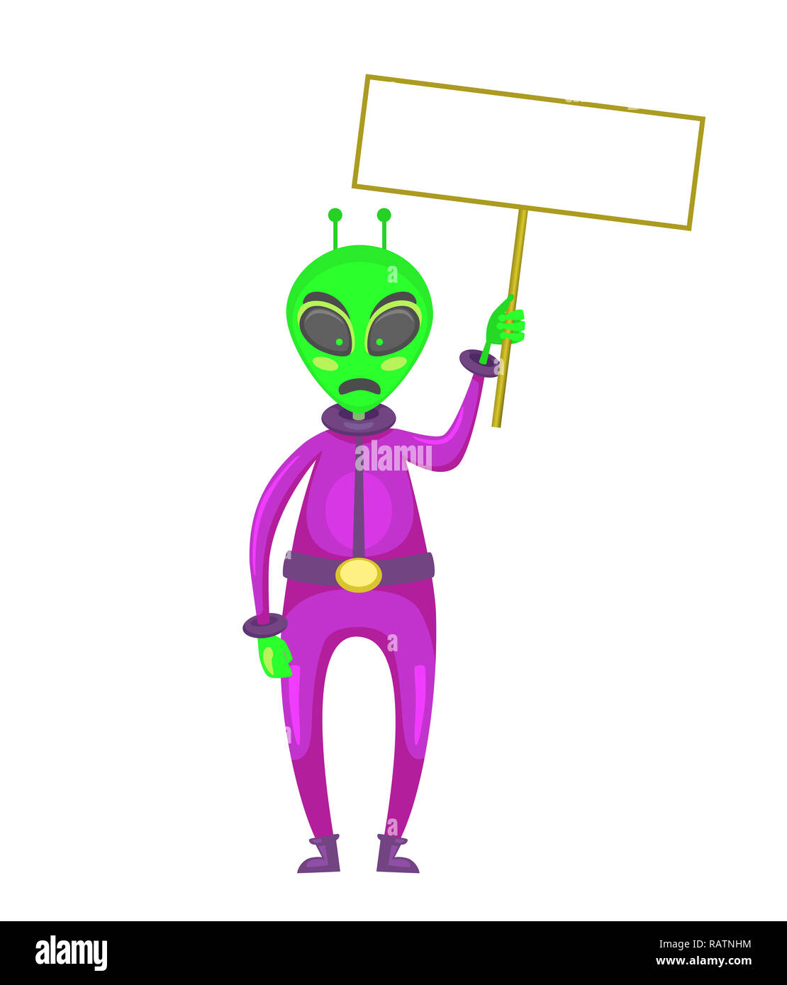 Alien holding blank signs. Aliens standing illustration Stock Photo - Alamy