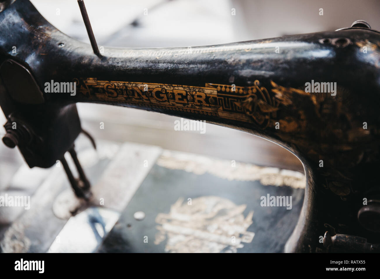 London, UK - January 3, 2018: Close up of an vintage Singer sewing ...