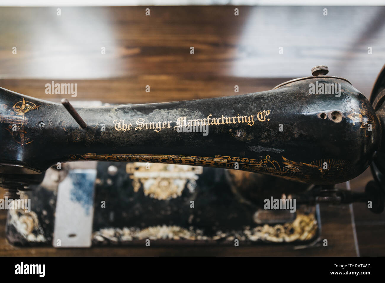 London, UK - January 3, 2018: Close up of an vintage Singer sewing ...