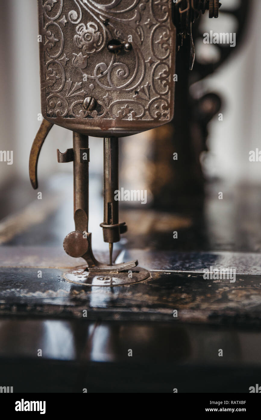 Close up of the needle and details on a vintage sewing machine Stock ...