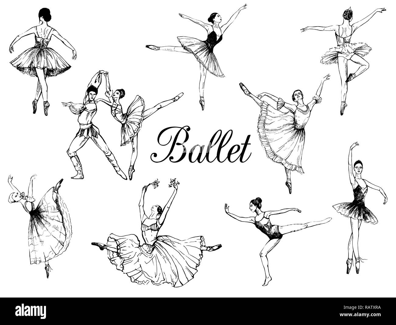 Big set of hand drawn sketch style abstract ballet dancers isolated on ...