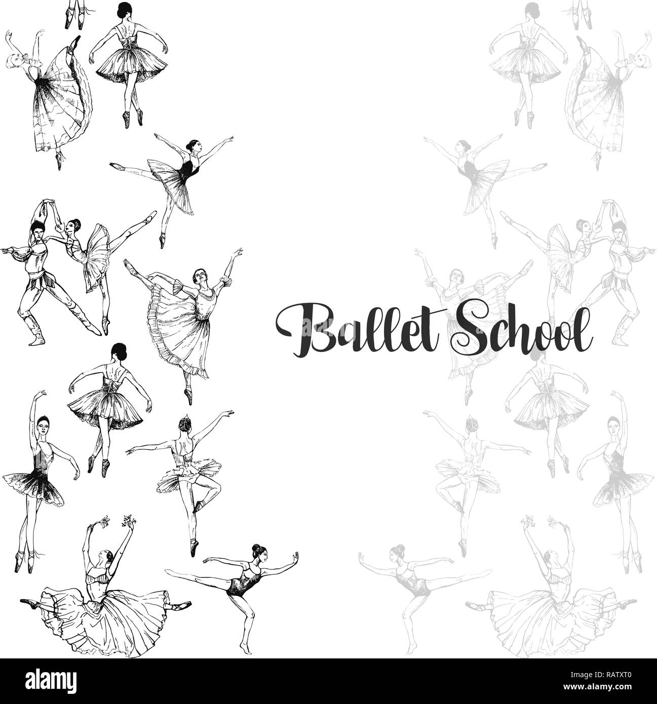 Composition of hand drawn sketch style abstract ballet dancers isolated ...