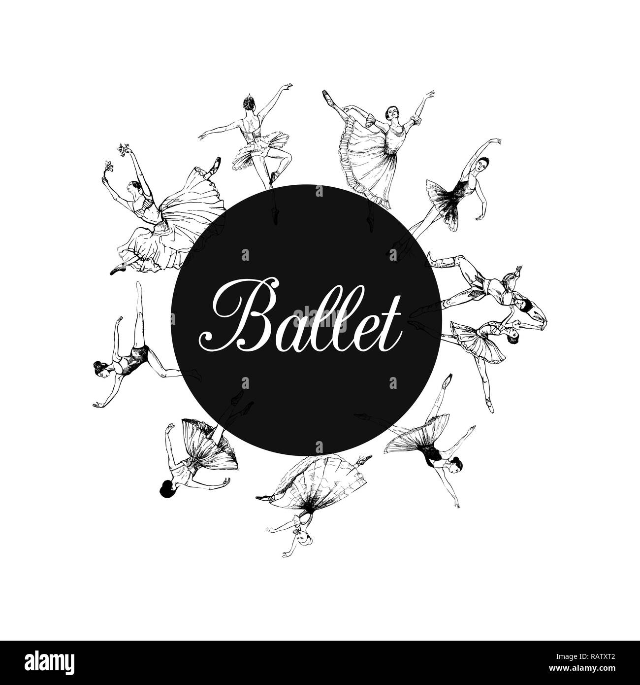 Composition of hand drawn sketch style abstract ballet dancers isolated ...
