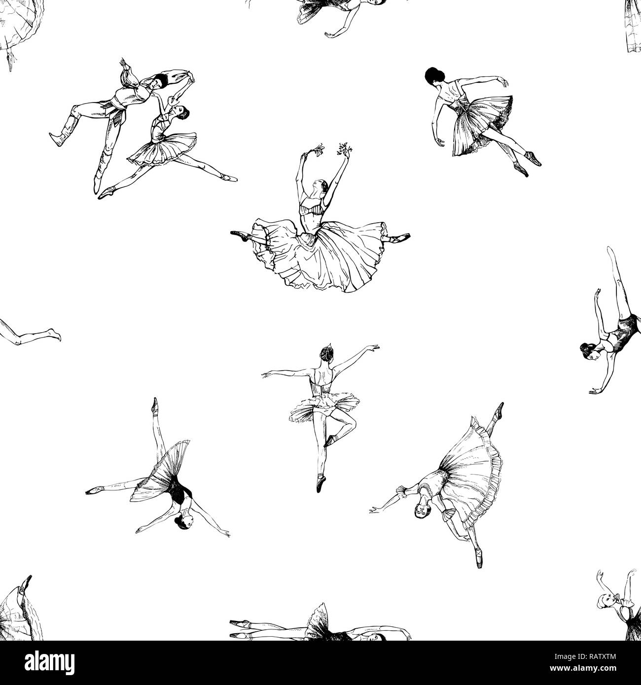Seamless pattern of hand drawn sketch style abstract ballet dancers ...