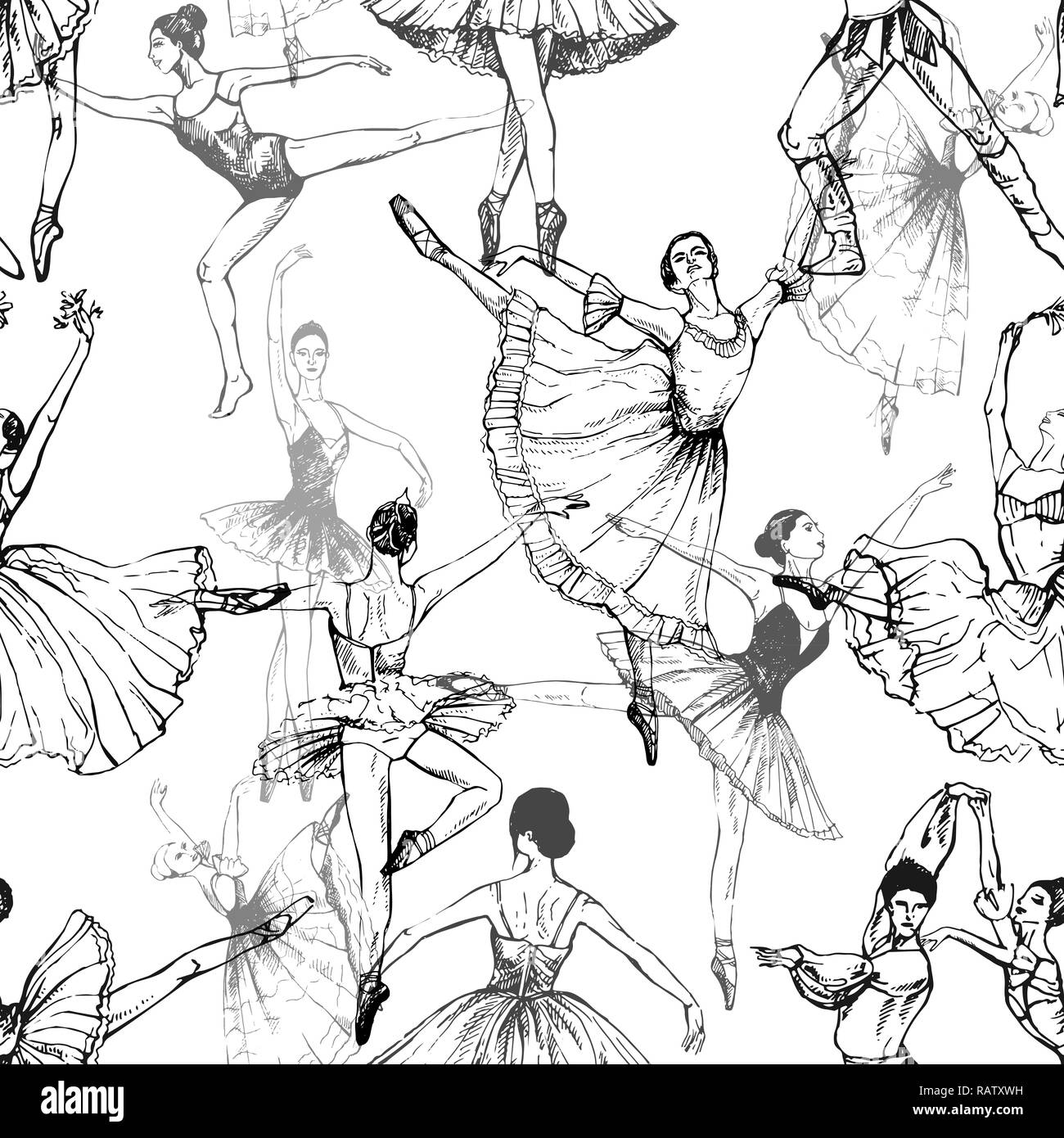 Seamless pattern of hand drawn sketch style abstract ballet dancers ...