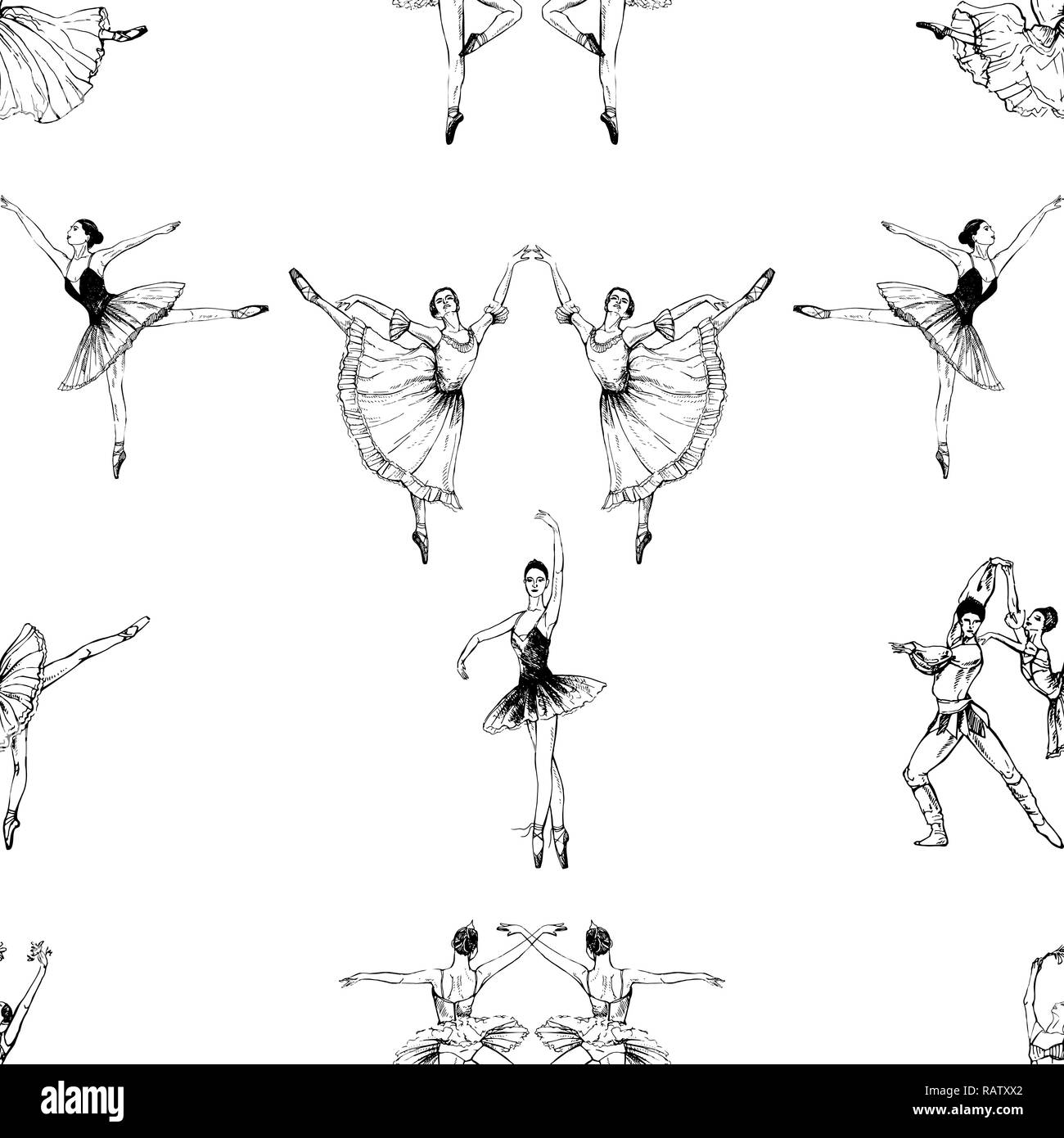 Seamless pattern of hand drawn sketch style abstract ballet dancers ...
