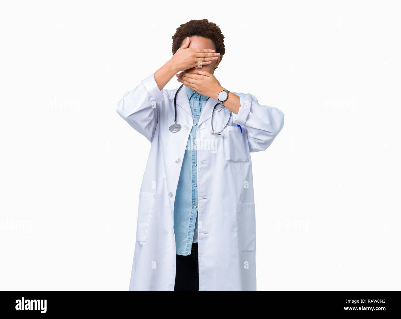 Young african american doctor woman wearing medical coat over isolated ...