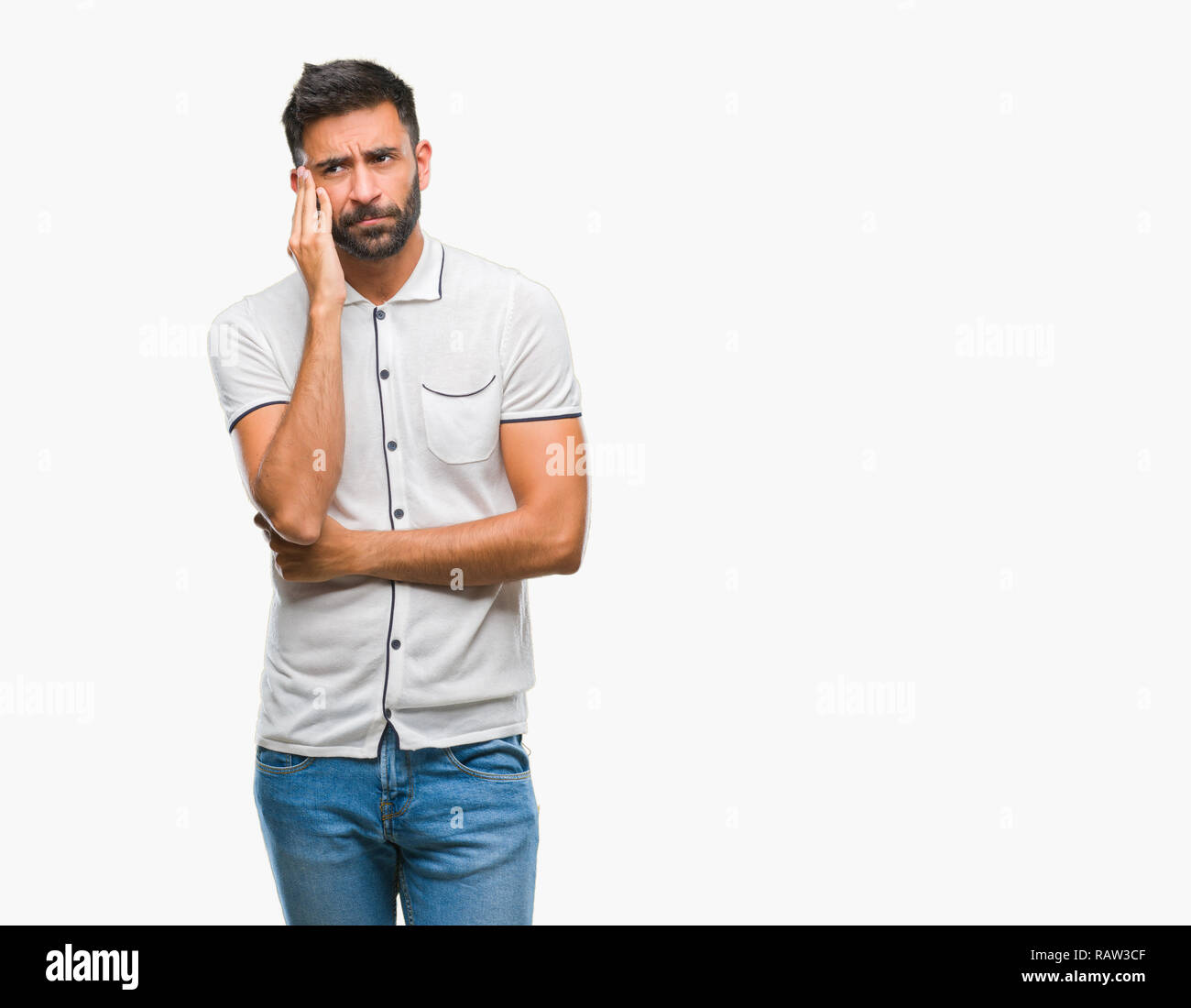 Adult hispanic man over isolated background thinking looking tired and ...