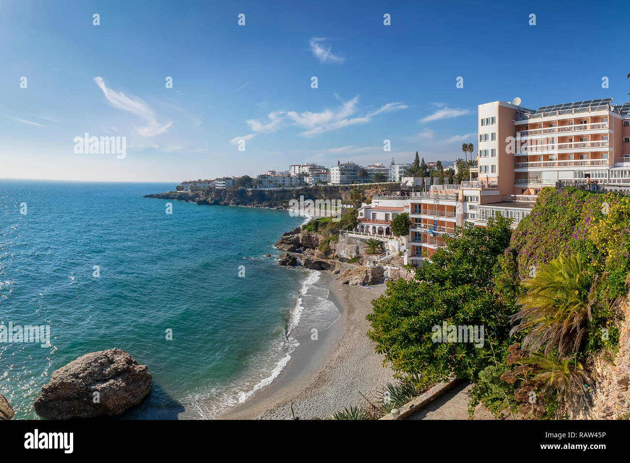 Aerial view of touristic town Nerja in Costa del Sol in winter from ...
