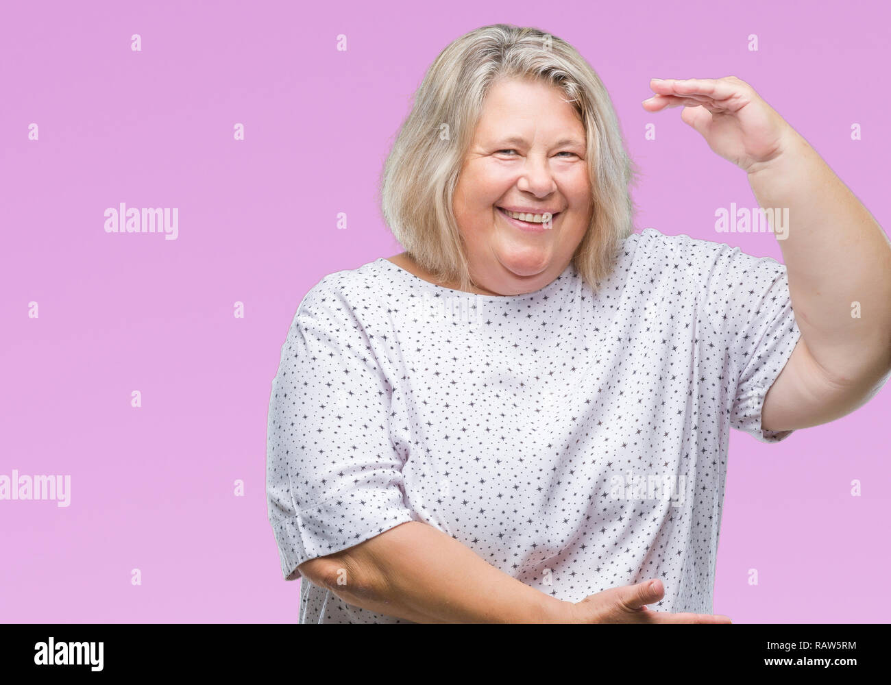Senior plus size caucasian woman over isolated background gesturing ...