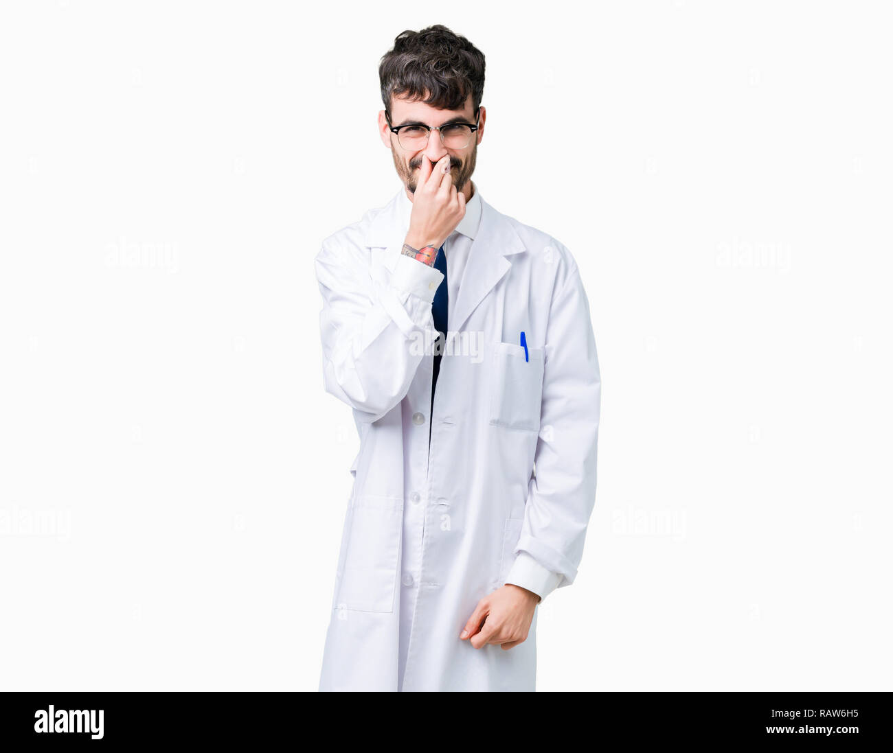 Young professional scientist man wearing white coat over isolated ...