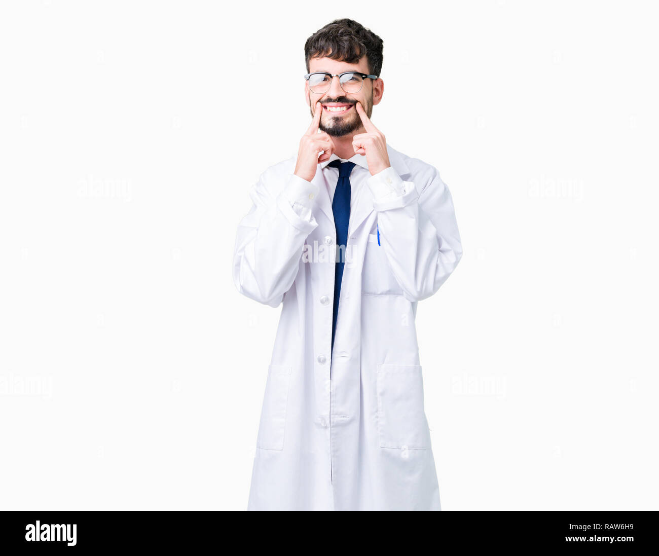 Young professional scientist man wearing white coat over isolated ...