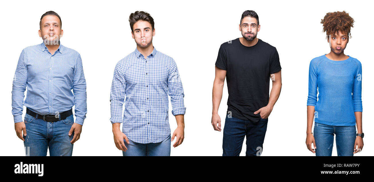 Collage of group of young and middle age people puffing cheeks with ...