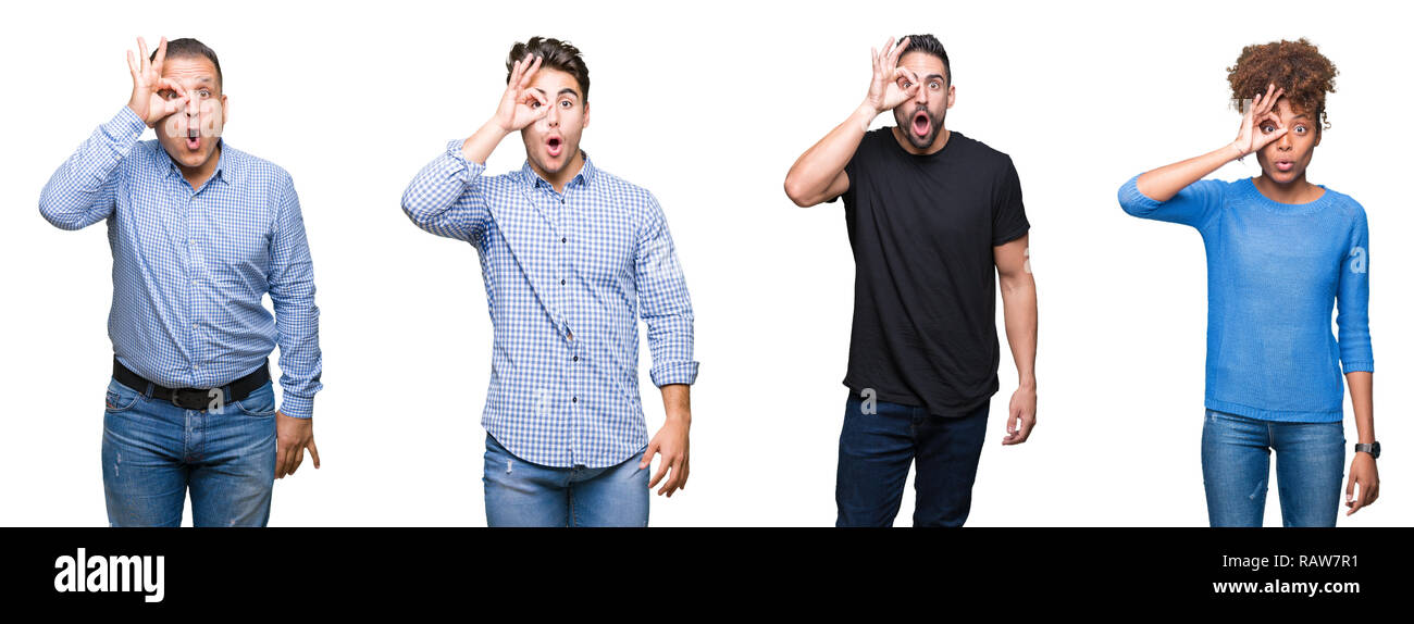 Collage of group of young and middle age people doing ok gesture ...