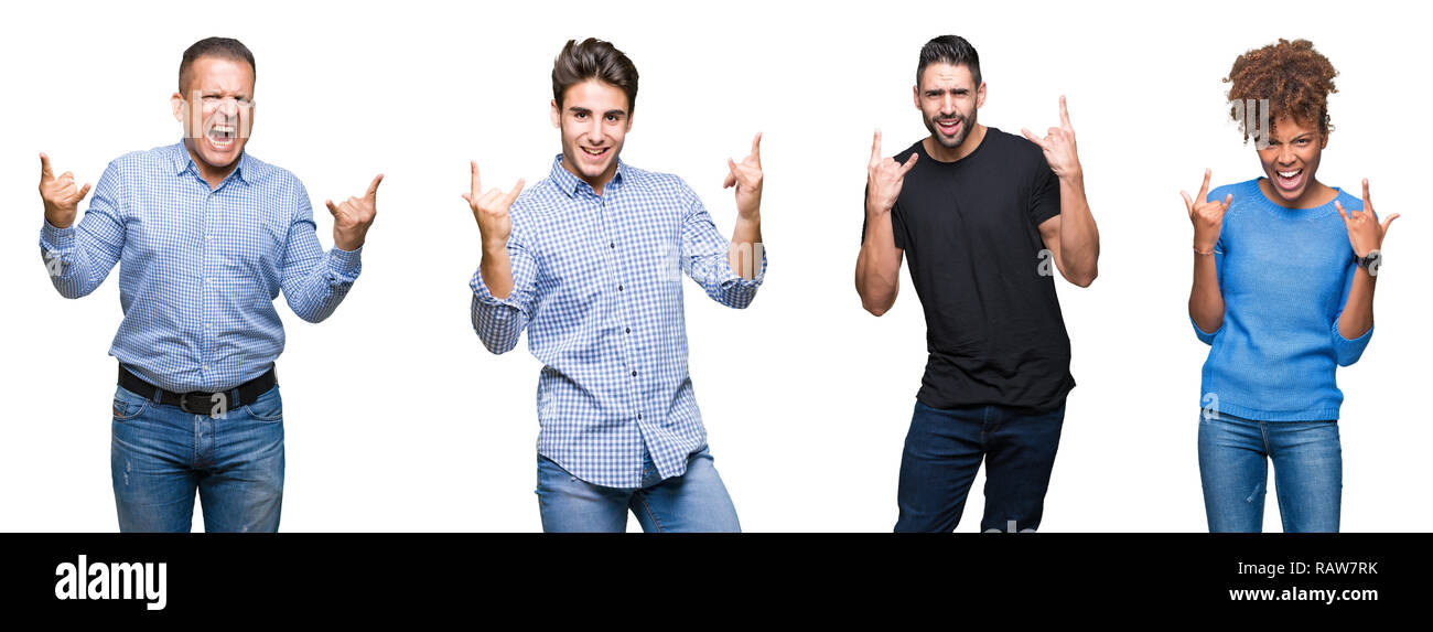 Collage of group of young and middle age people shouting with crazy ...
