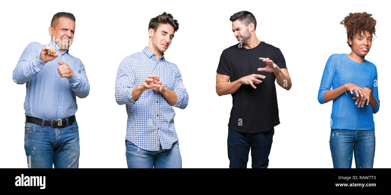 Collage of group of young and middle age people disgusted expression ...