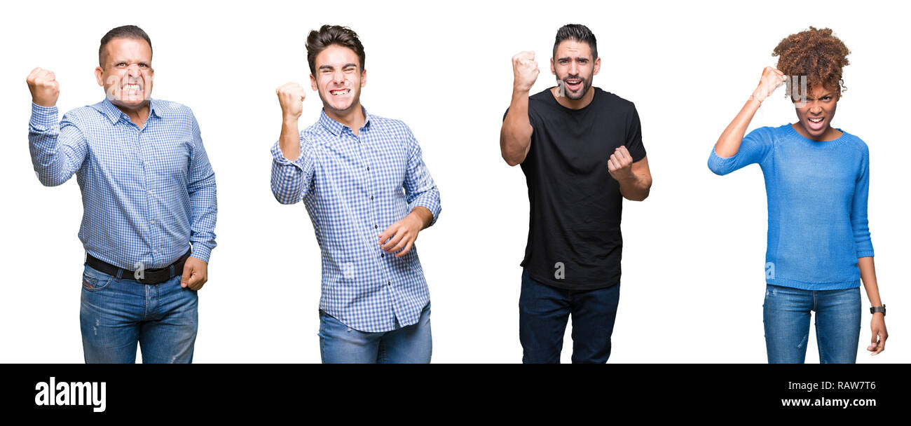 Collage of group of young and middle age people angry and mad raising ...