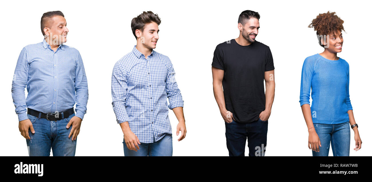 Collage of group of young and middle age people looking away to side ...