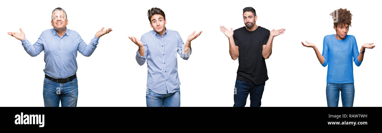 Collage of group of young and middle age people clueless and confused ...