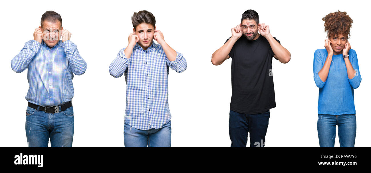Collage of group of young and middle age people covering ears with ...