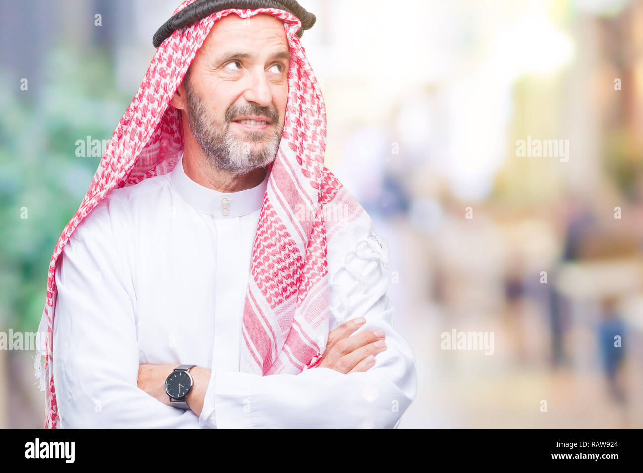 Senior arab man wearing keffiyeh over isolated background smiling ...