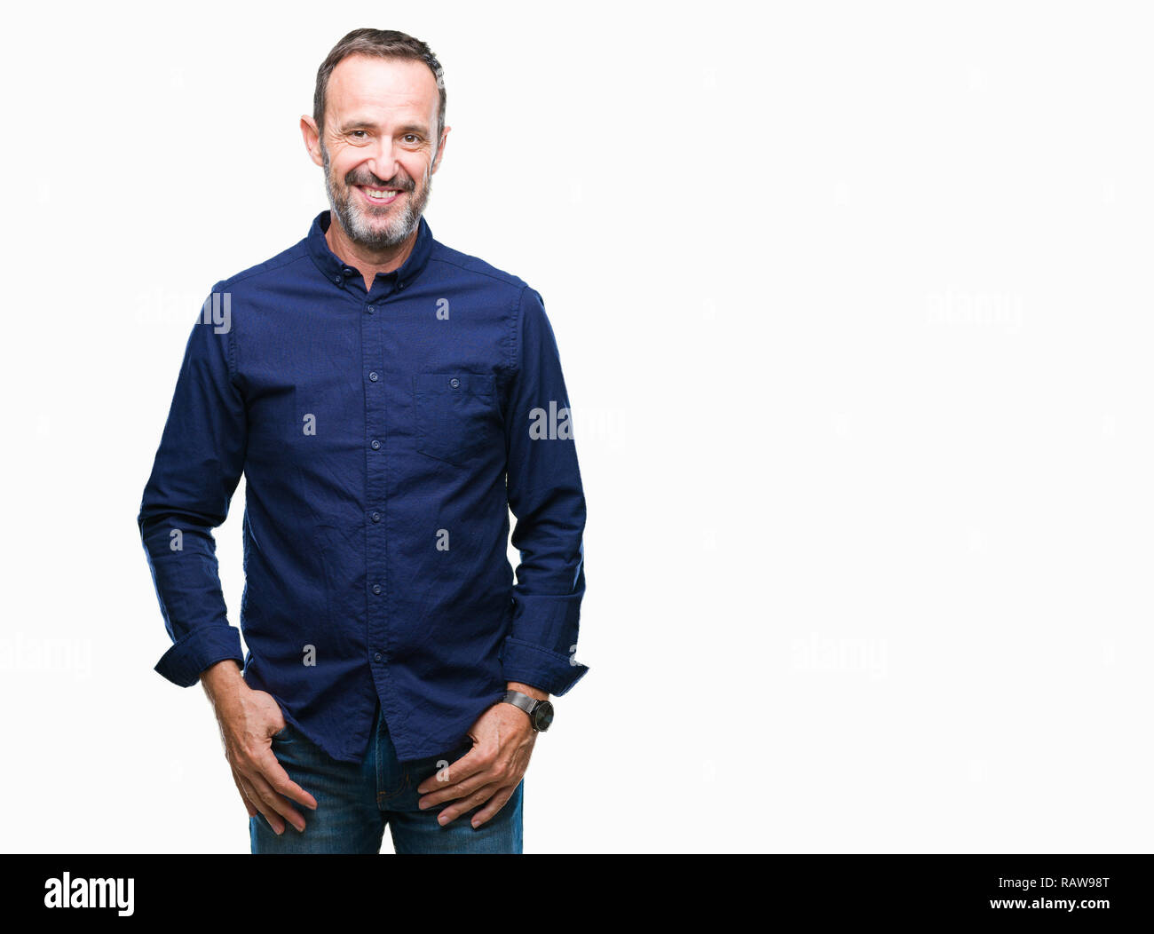 Middle age hoary senior man over isolated background with a happy and ...