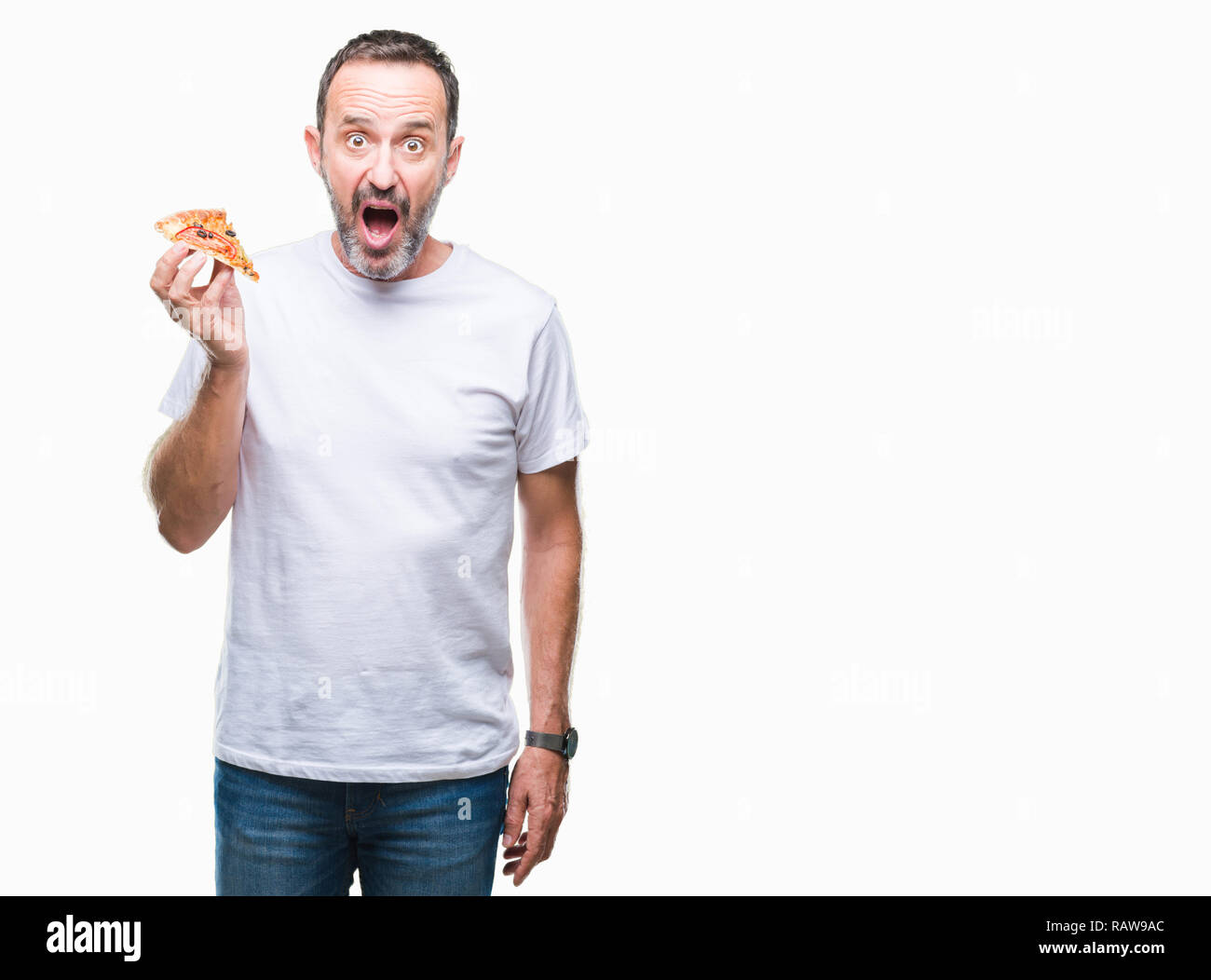 Middle age hoary senior man eating pizza slice over isolated background ...