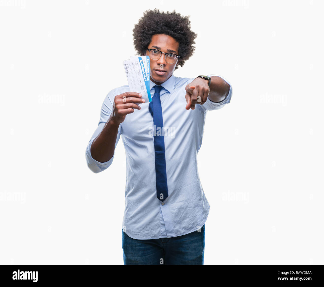 Afro american man holding boarding pass over isolated background ...