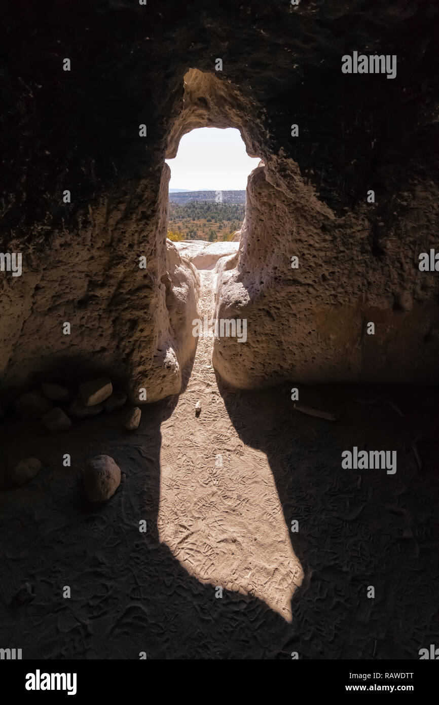 Entrance to cavate (room) carved from soft tuff rock at the Tsankawi ...