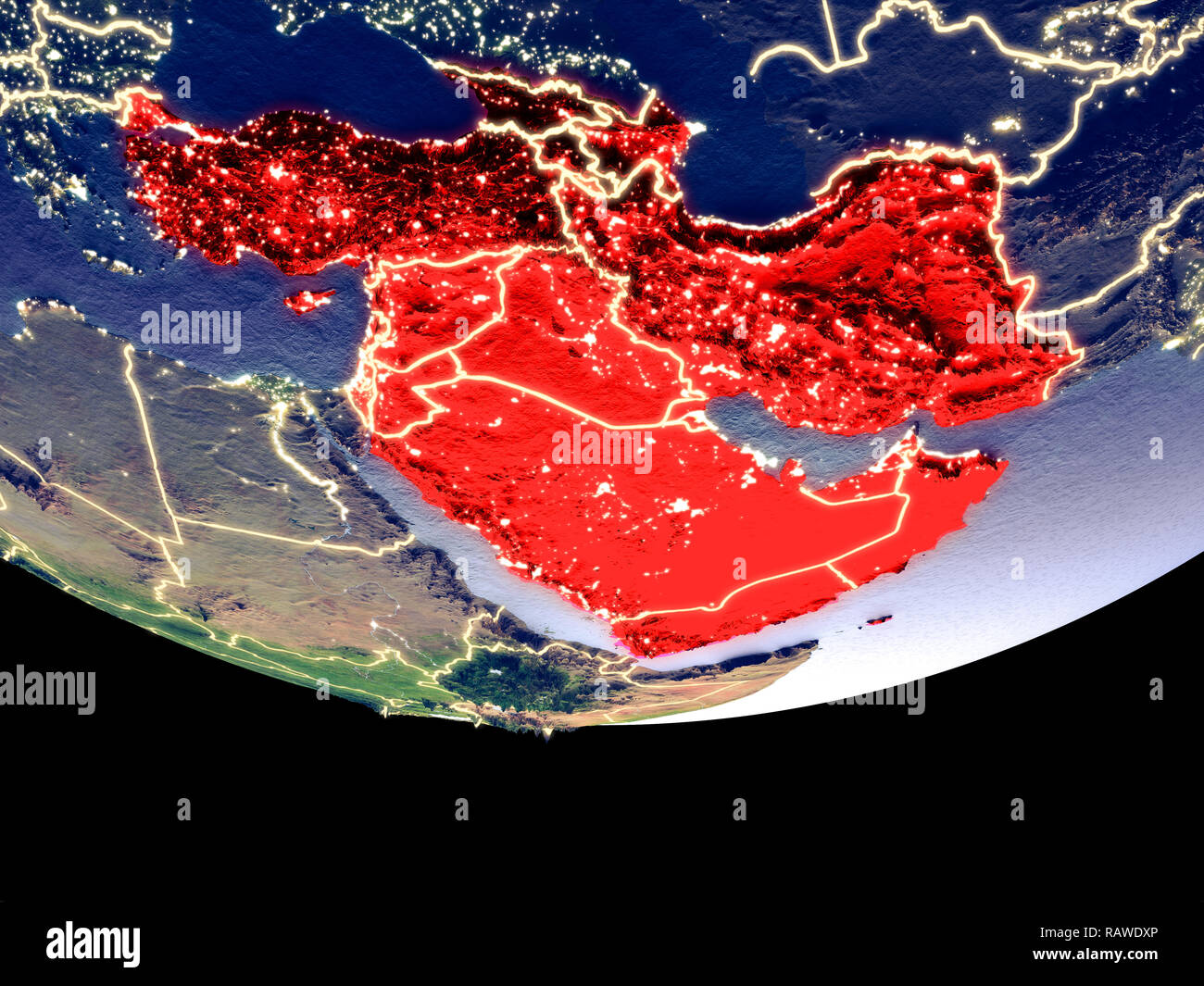 Satellite view of Western Asia from space at night. Beautifully ...