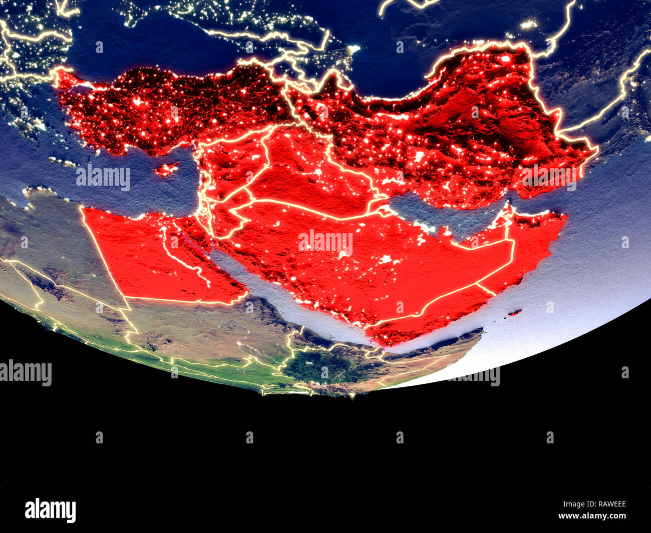Satellite view of Middle East from space at night. Beautifully detailed ...