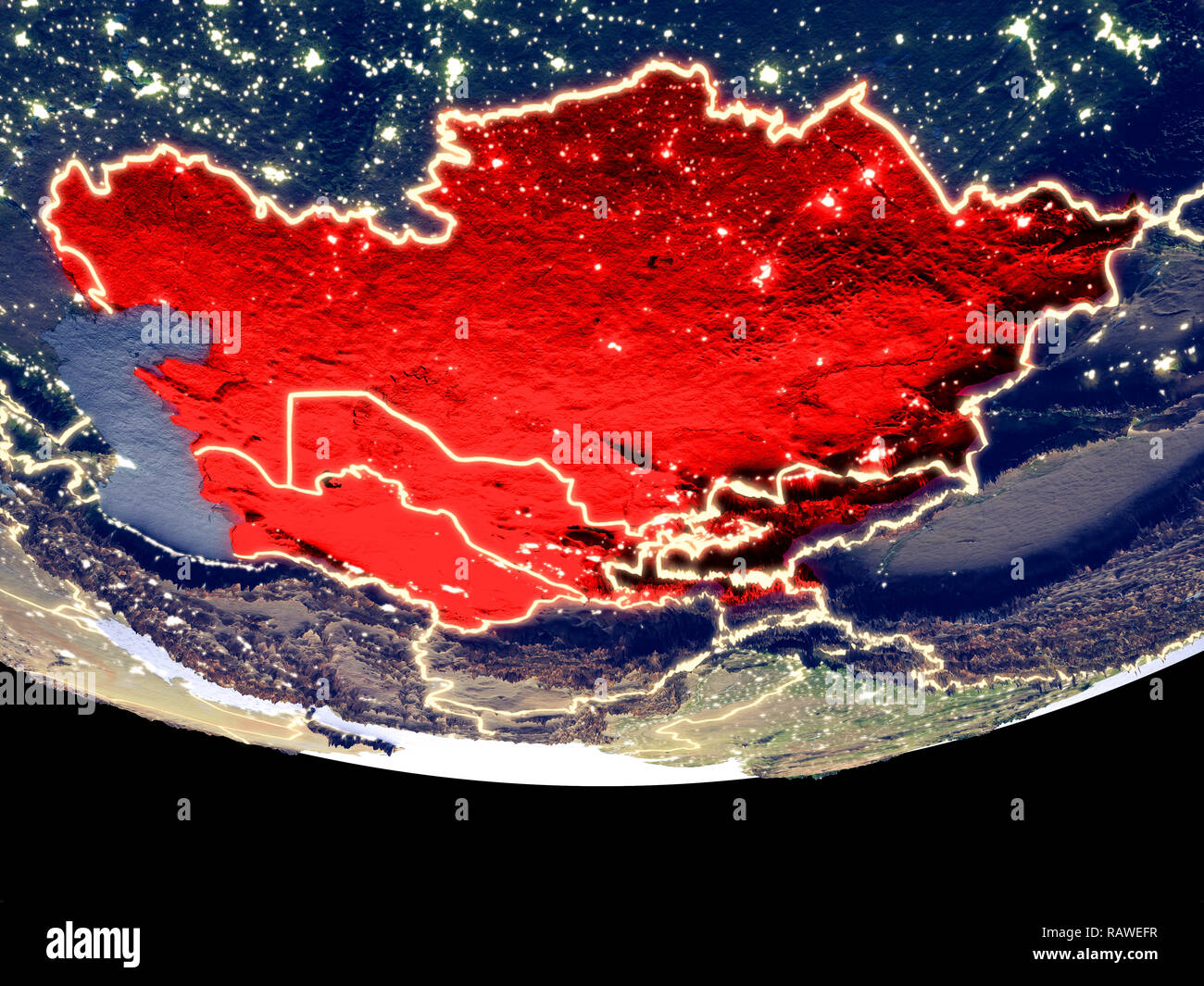 Satellite view of Central Asia from space at night. Beautifully ...