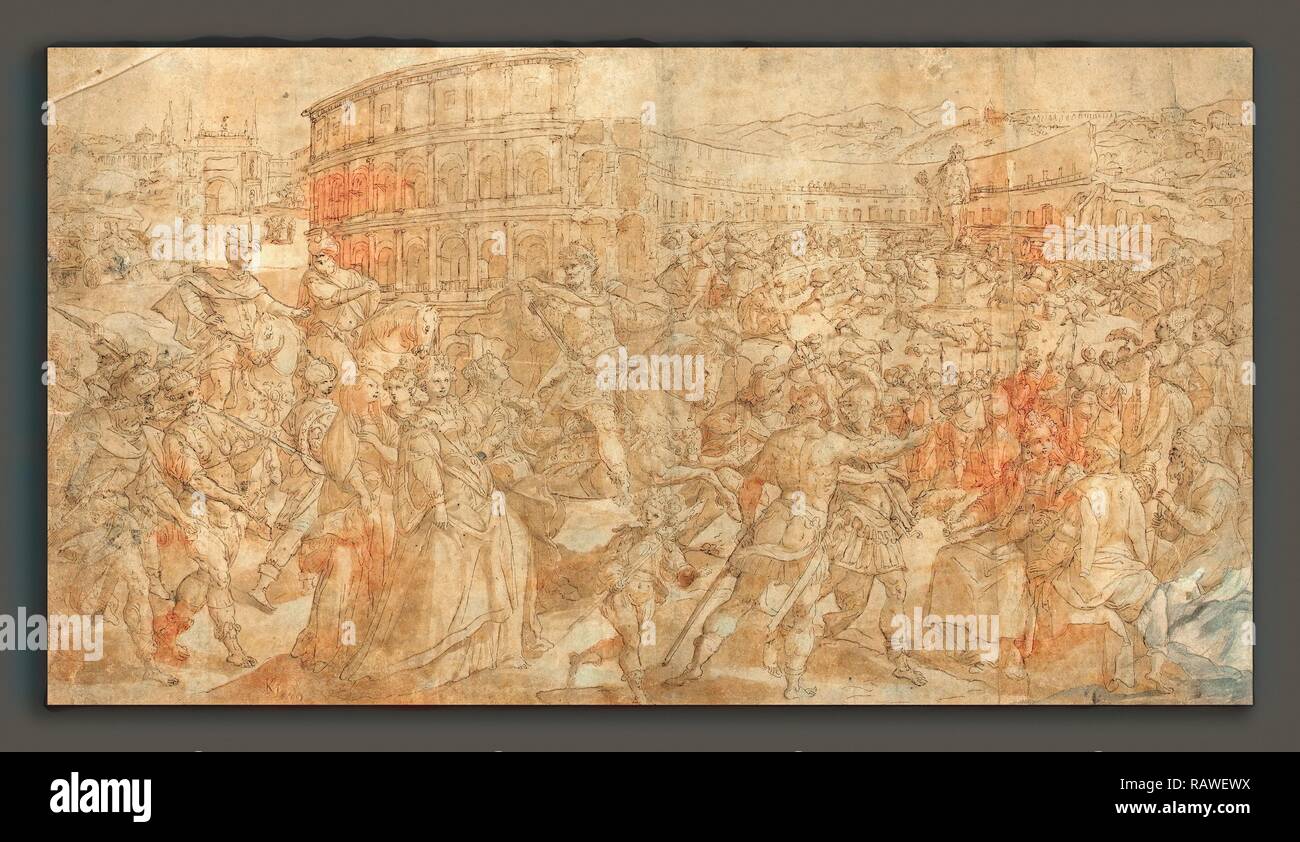 Maarten de Vos (Flemish, 1532 - 1603), A Roman Triumph, pen and brown ink with brown and gray ...