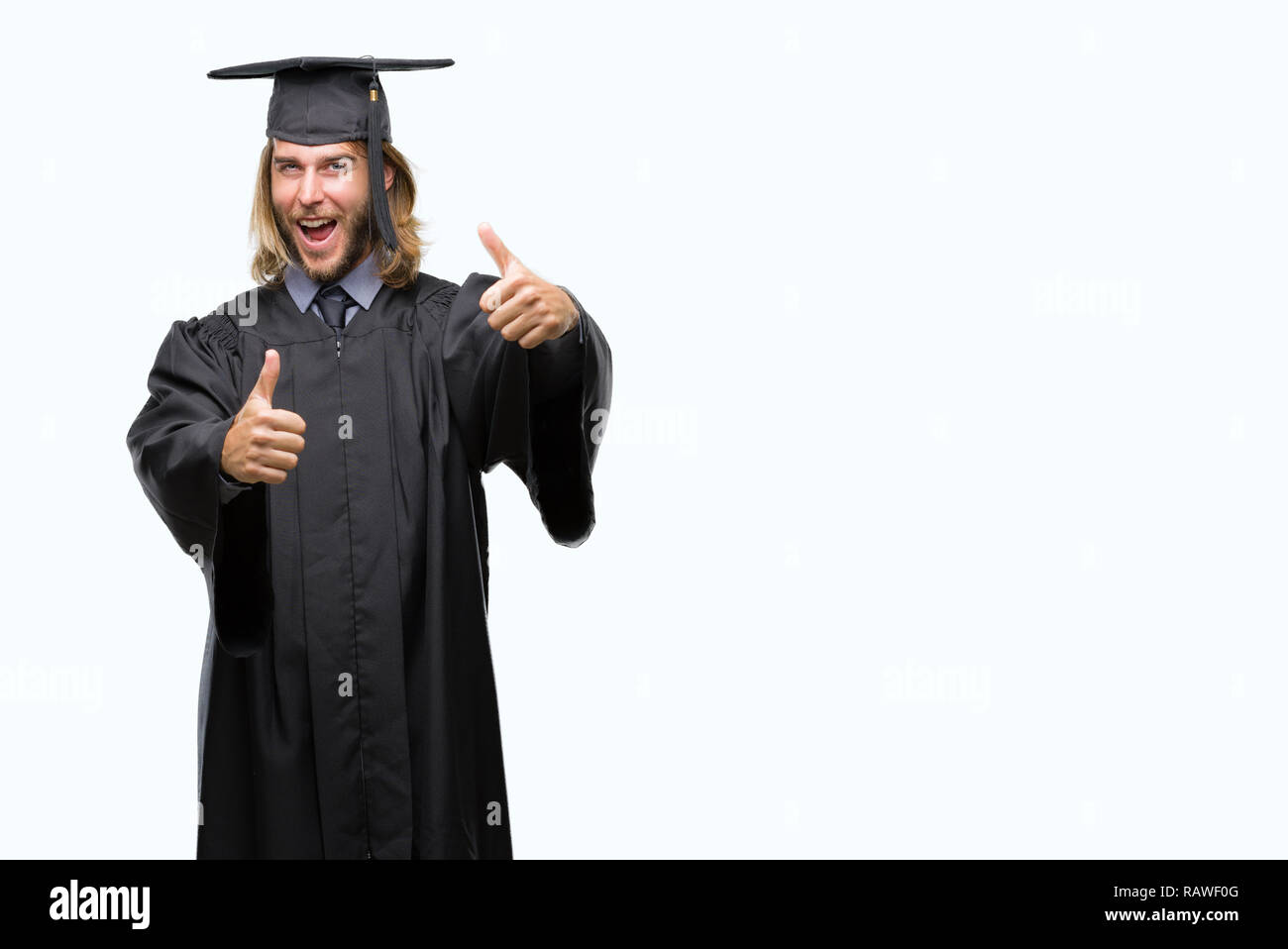 Young handsome graduated man with long hair over isolated background ...