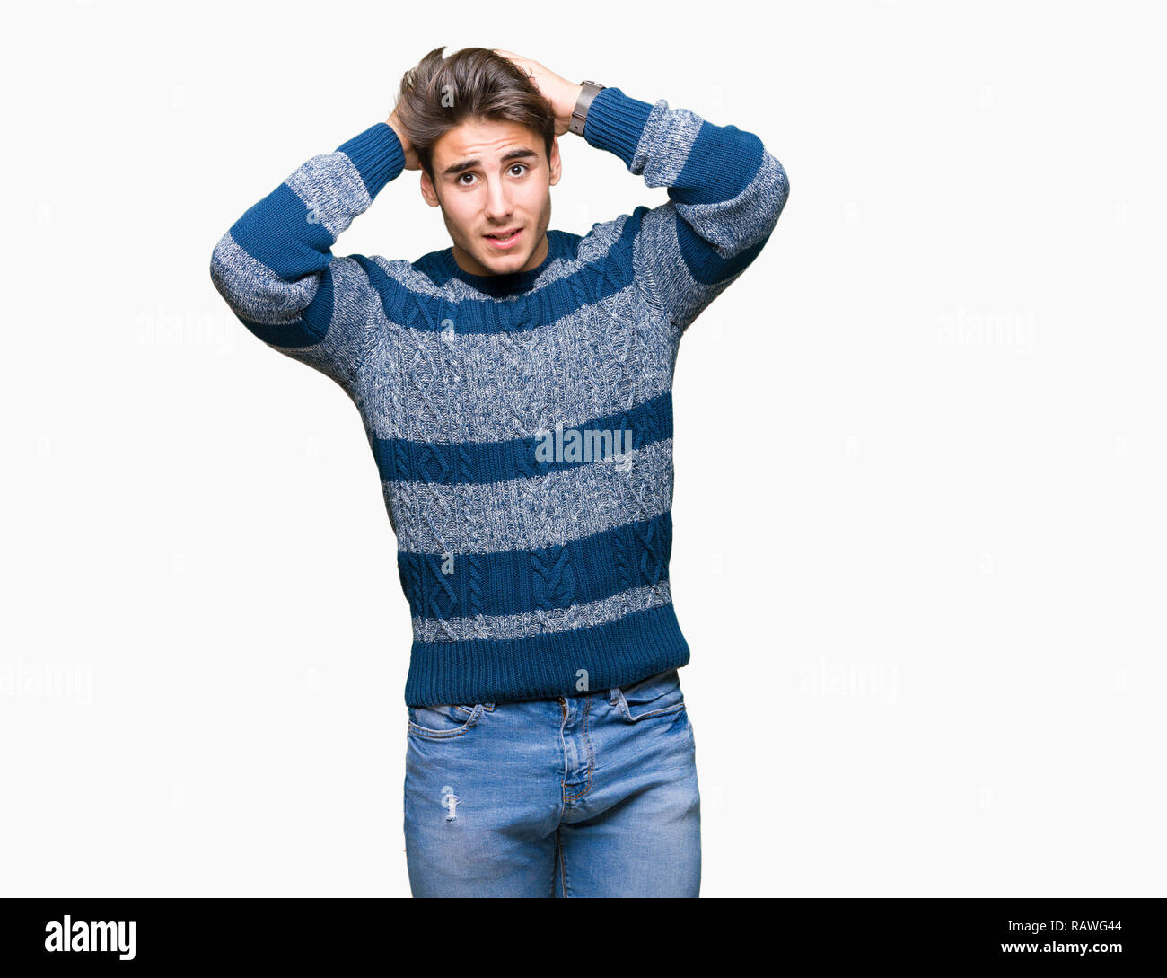Young handsome man over isolated background Crazy and scared with hands ...