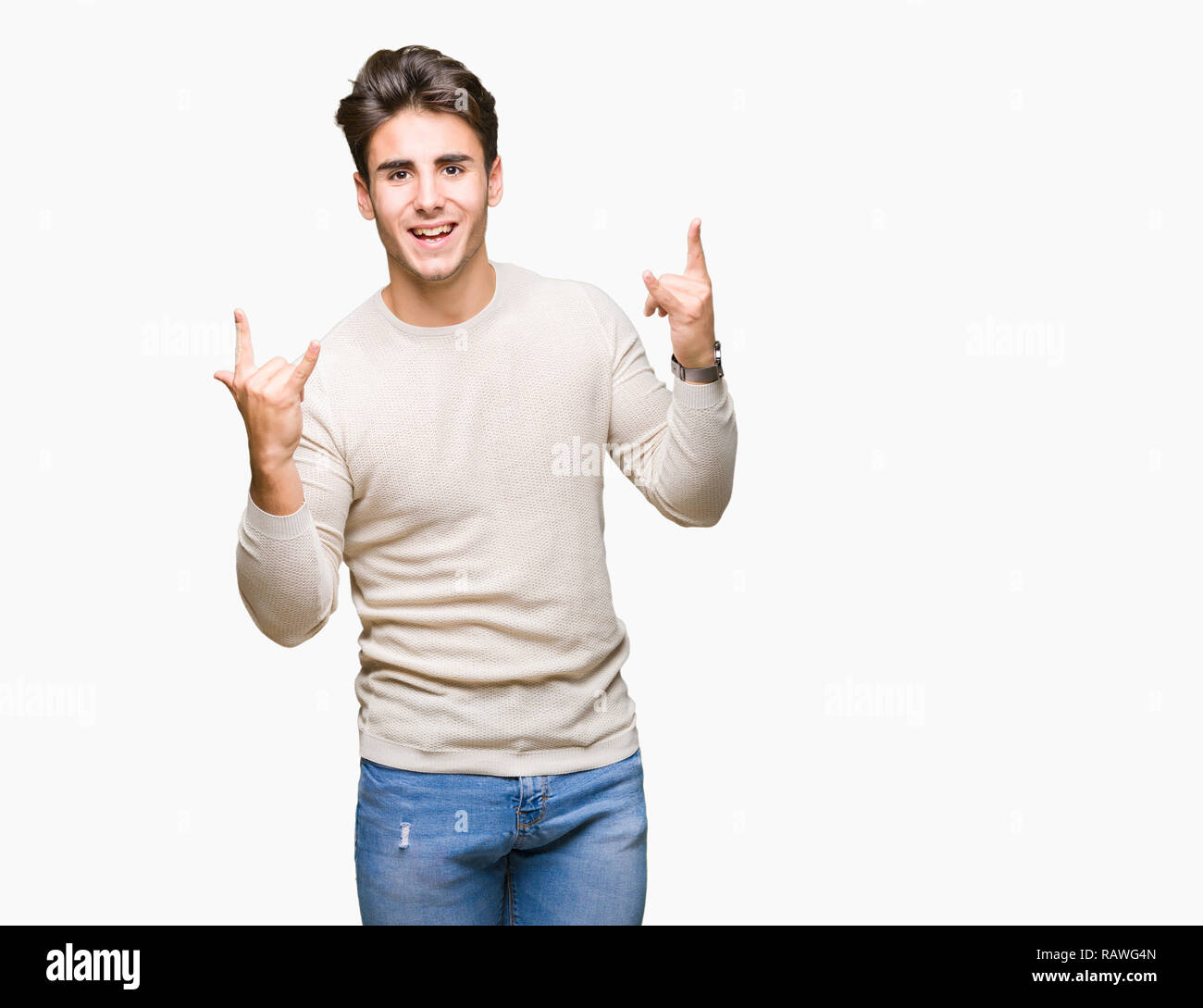 Young handsome man over isolated background shouting with crazy ...