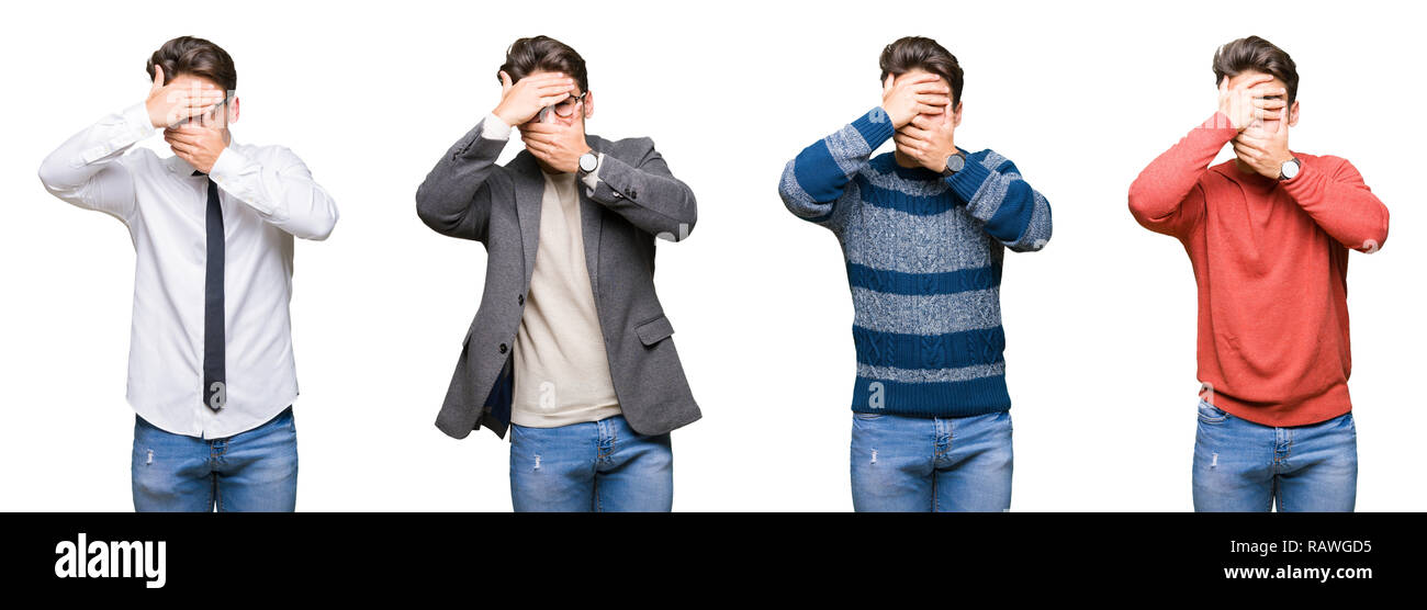 Collage of young handsome business man over isolated background Covering eyes and mouth with ...