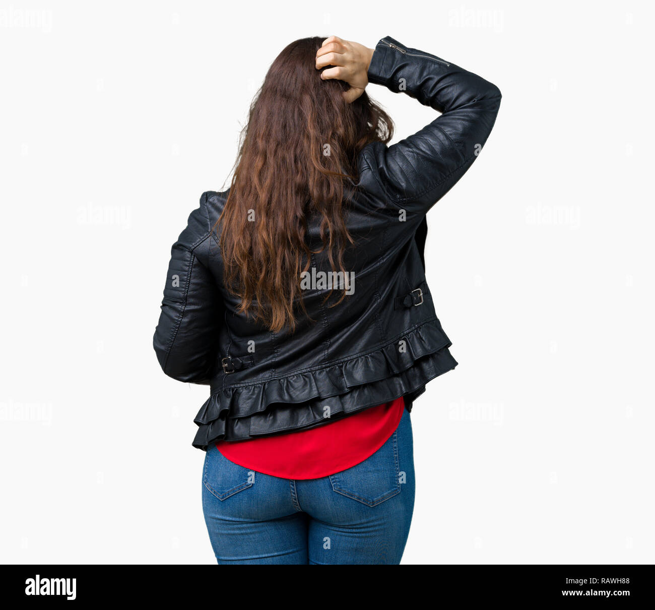 Beautiful plus size young woman wearing a fashion leather jacket over ...