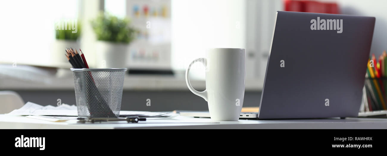 Empty workplace in office closeup or head Stock Photo - Alamy