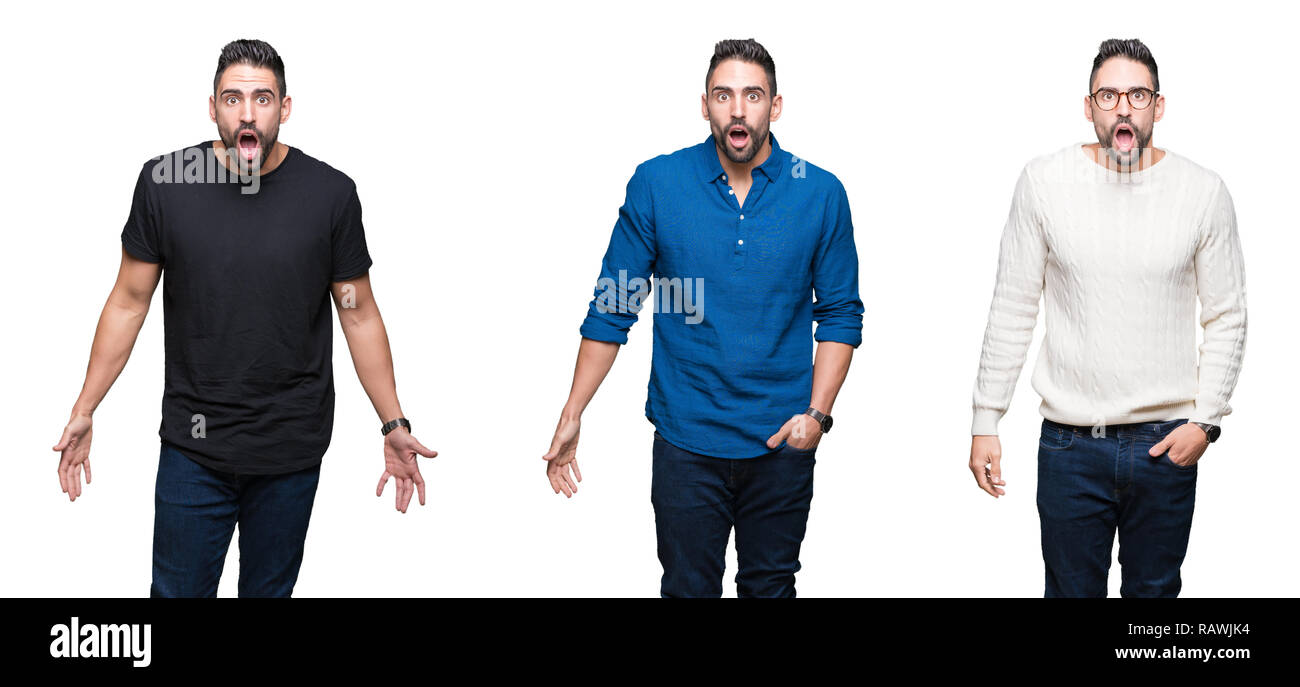 Collage of handsome man over white isolated background In shock face ...