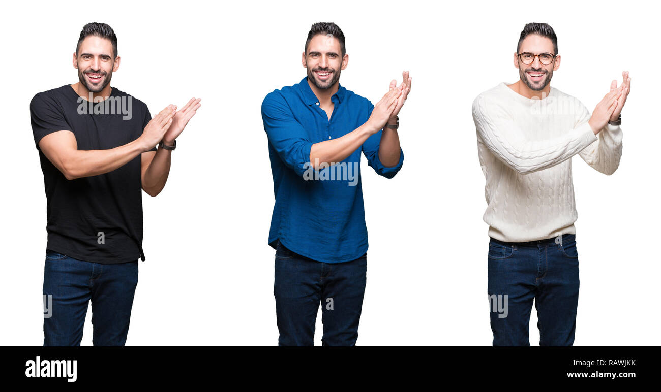 Collage of handsome man over white isolated background Clapping and ...
