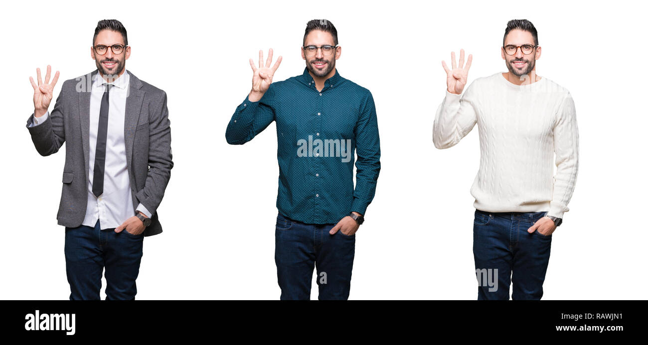 Collage of handsome business man over white isolated background showing ...