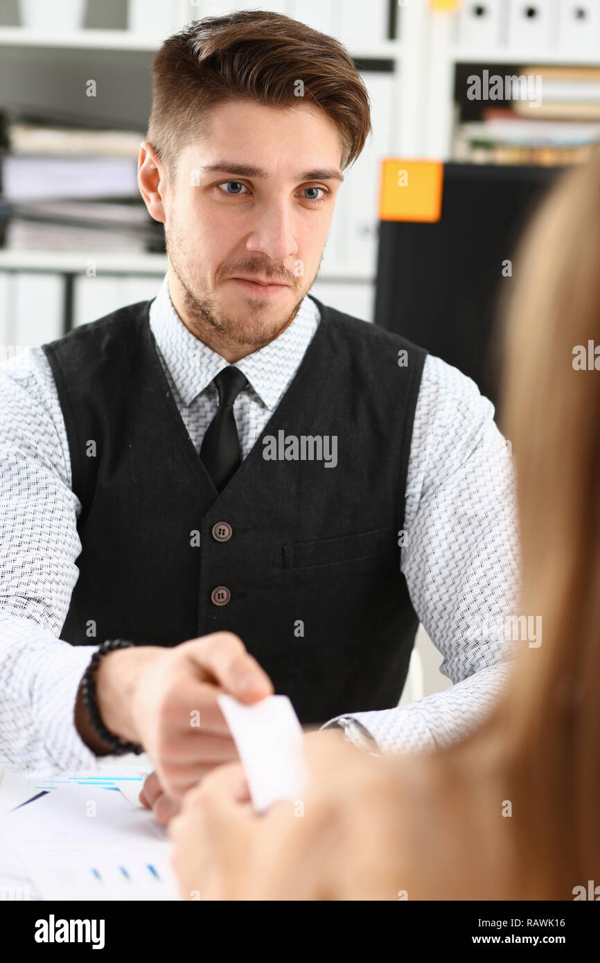 Male hand in suit give blank calling card to visitor Stock Photo - Alamy