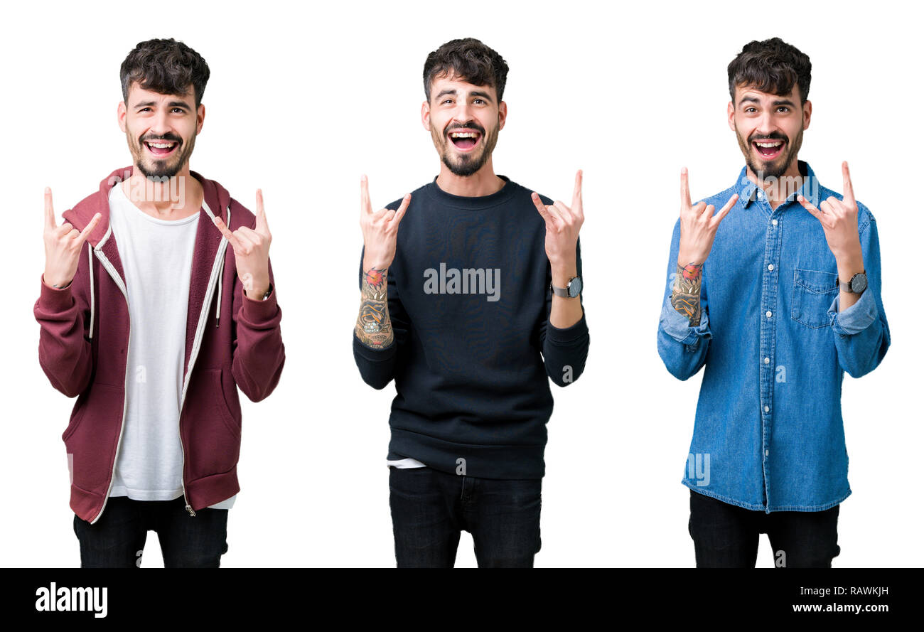 Collage of young man over isolated background shouting with crazy ...