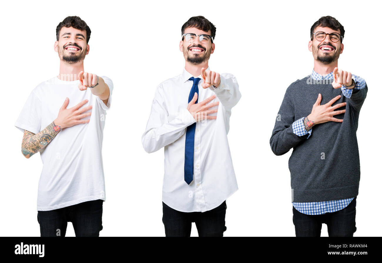 Collage of young man over isolated background Laughing of you, pointing ...
