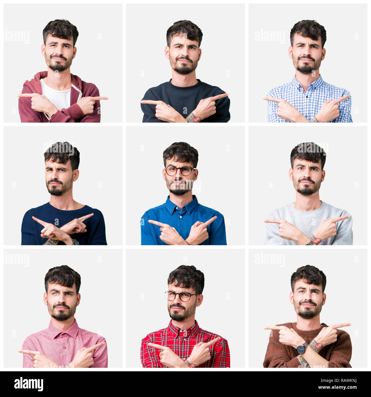 Collage of young man over isolated background Pointing to both sides ...