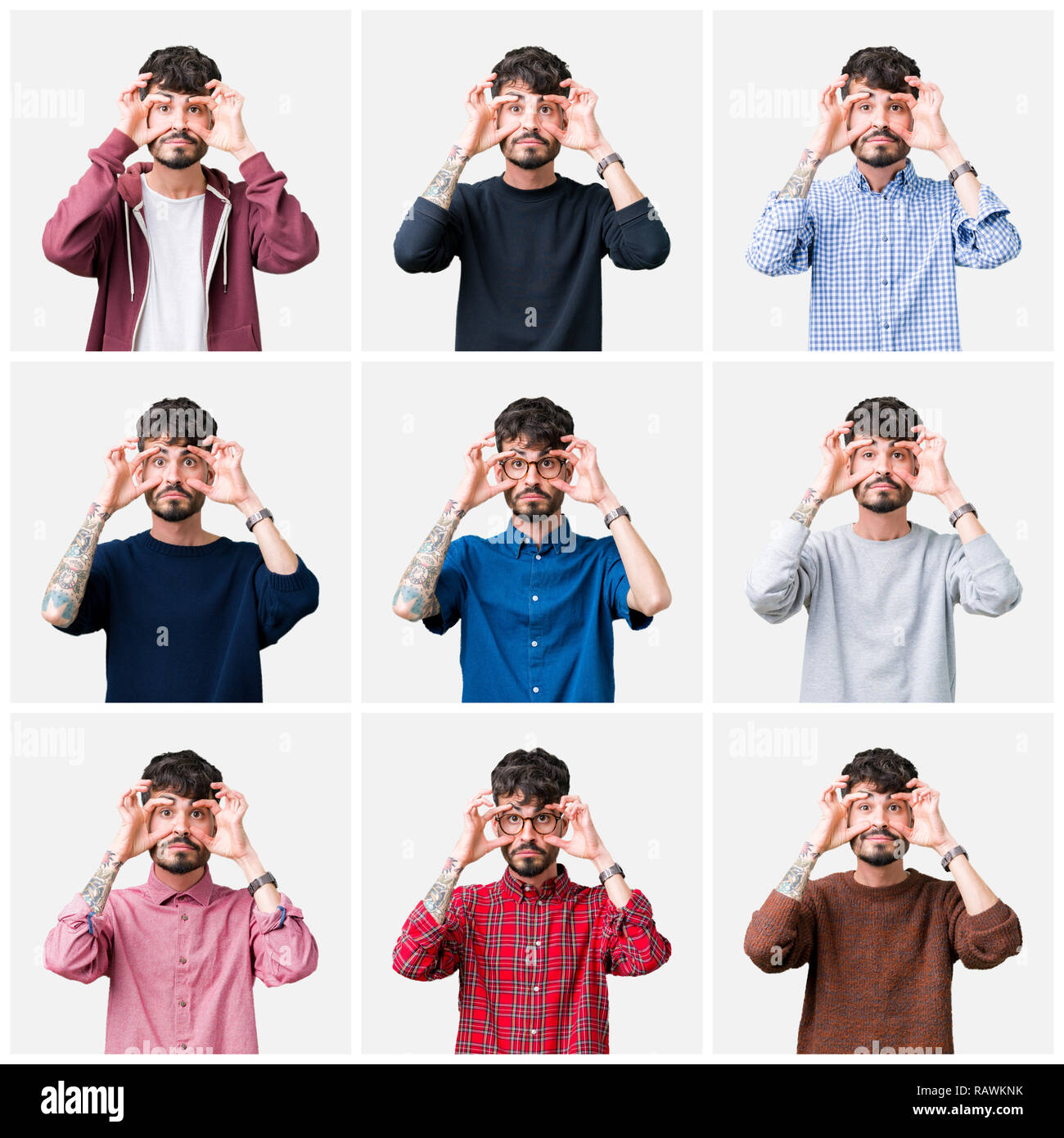 Collage of young man over isolated background Trying to open eyes with ...